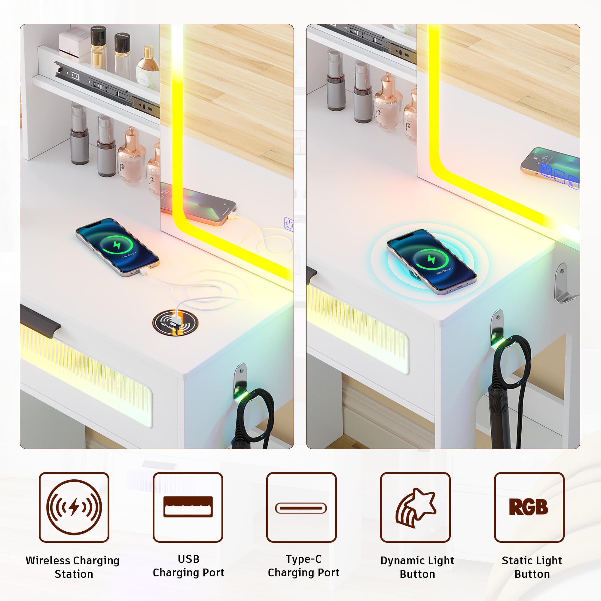 FOMNEY RGB LED Vanity Desk with Mirror and Lights, Makeup Vanity Desk with 3-in-1 Charging Station, Vanity Set with Stool&Sliding Touch Mirror, Makeup Dressing Table with 5 Drawers (White)