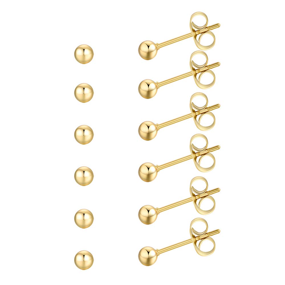 FOSIR 6 Pair Tiny Women 14K Gold Plated Ball Stud Earrings Surgical Stainless Steel Earrings Set (3mm, Gold)