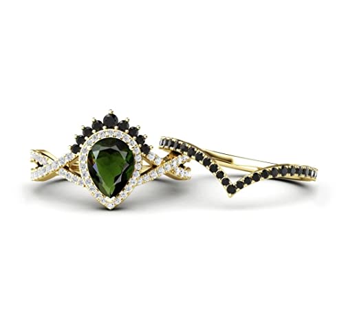 Moldavite Engagement Ring, Antique Moldavite Wedding Ring, Pear Shape Moldavite Bridal Ring Set, Unique Promise Anniversary Ring Set For Her (white gold, 7)