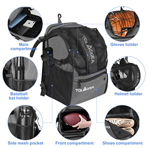 Youth Baseball Bag With Shoes Compartment and Fence Hook Holds Bat, Glove, T-Ball & Softball Equipment, Backpack for Boys and Girls (Grey)