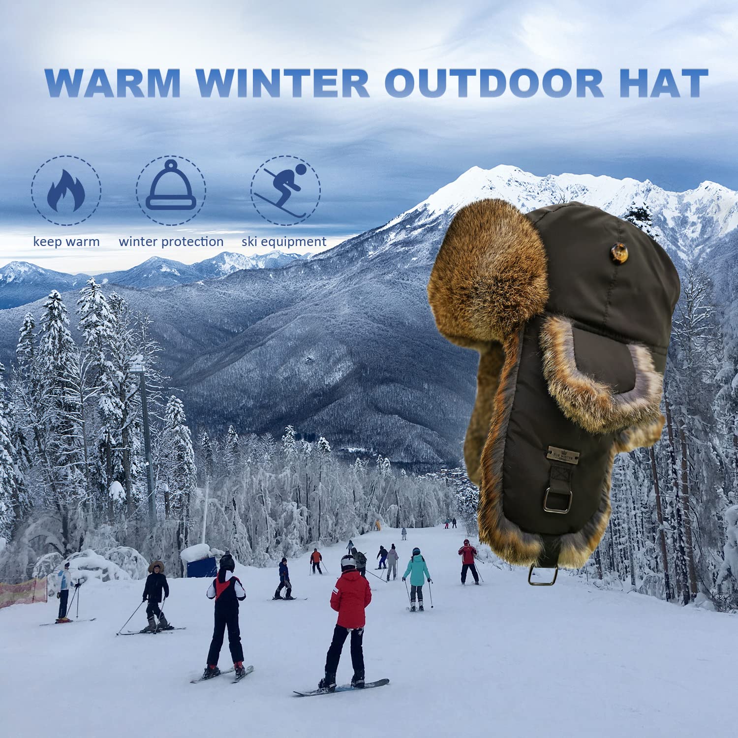 Fur Winter Trapper Hat,100% Rabbit Fur Aviator Ski Trapper Trooper Pilot Hat,Snow Eskimo Hat with Ear Flaps for Men & Women