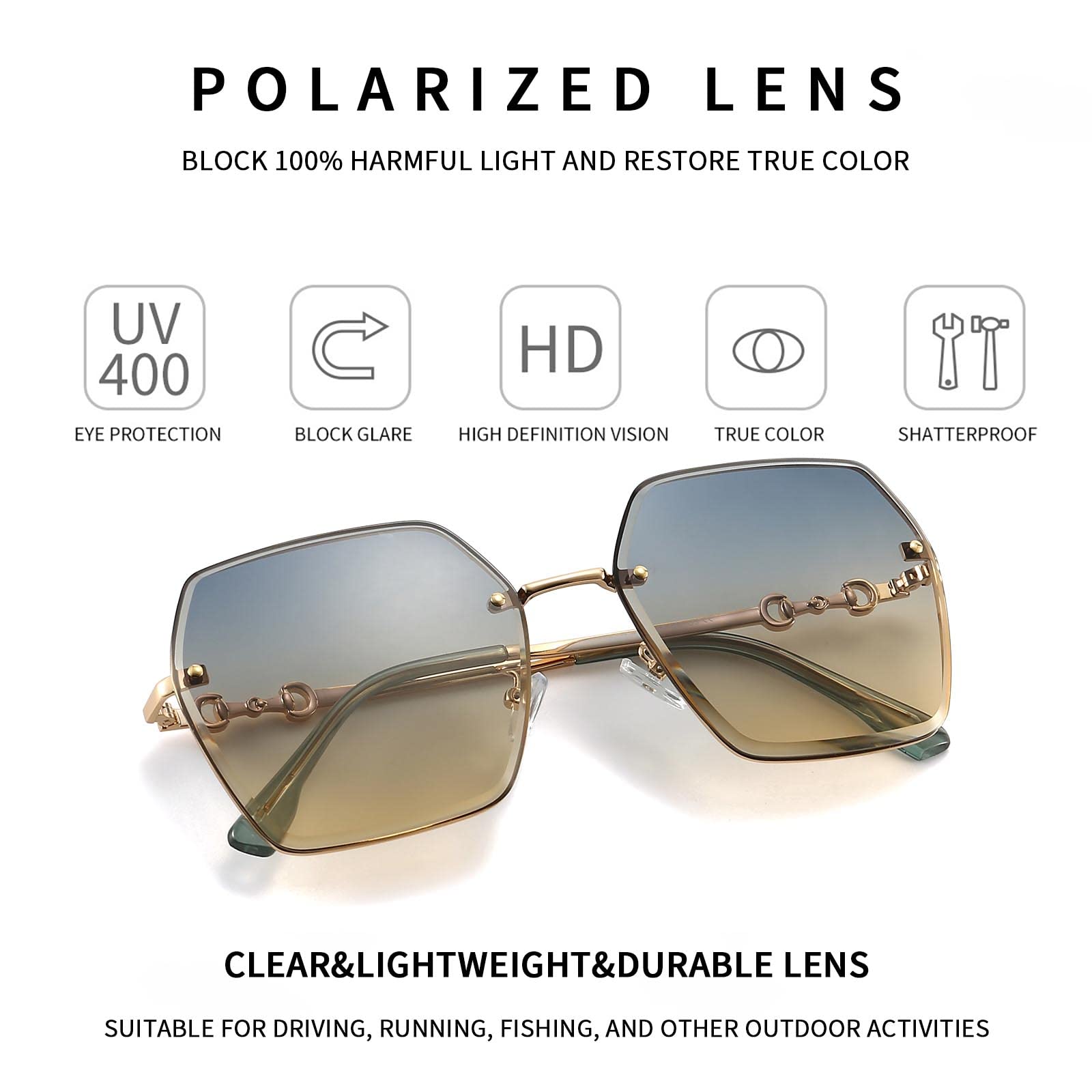 Fullgren Trendy Oversized Square Rimless Sunglasses for Women Men UV401 Metal Sun Glasses