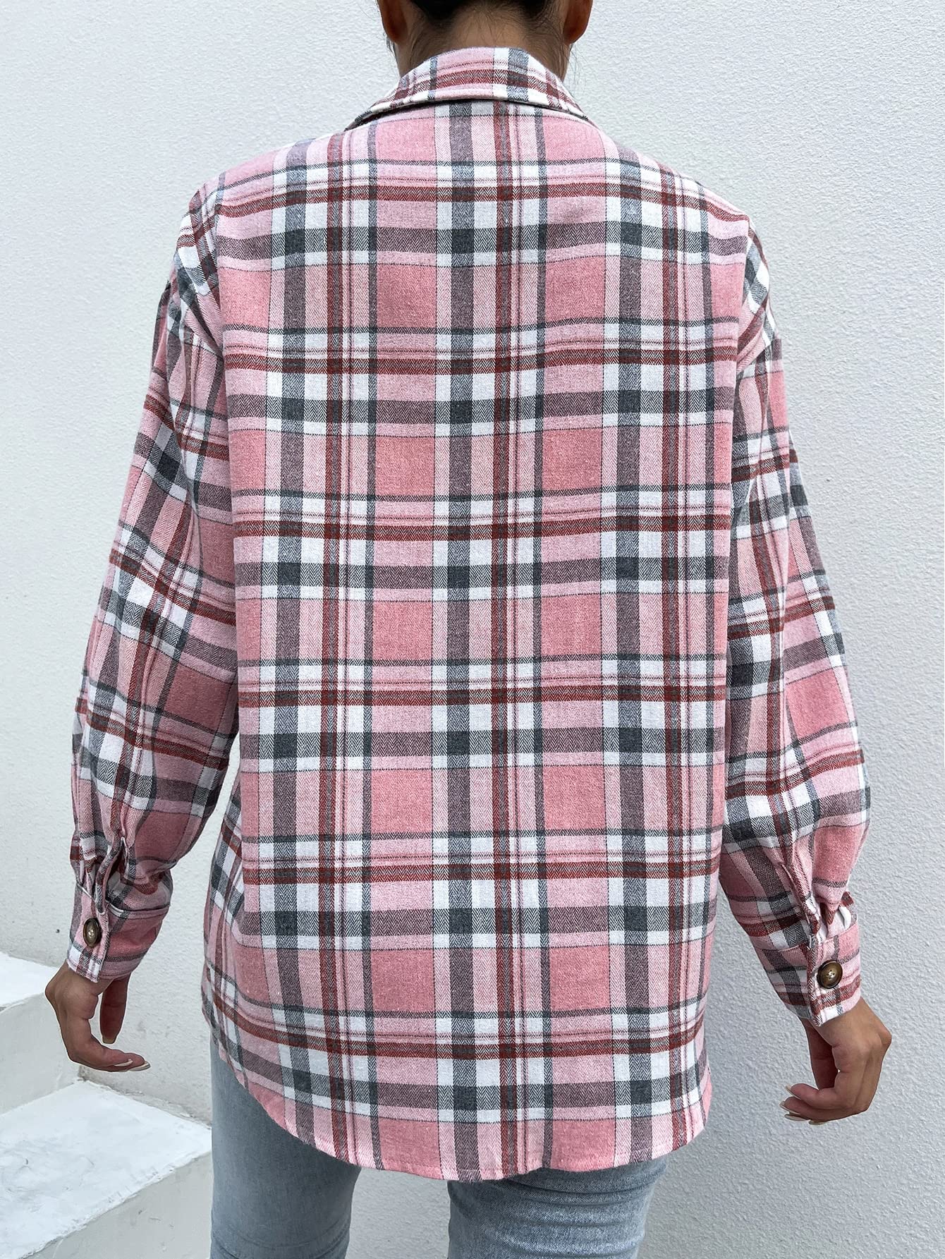 Floerns Women's Casual Long Sleeve Button Down Plaid Shirt Blouse Top Pink Multi XS