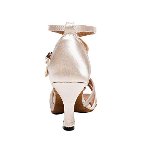 HIPPOSEUS Women's Latin Dance Shoes Satin Ballroom Party Salsa Dance Practice Performance High Heel,Nude color, 8.5 B(M) US