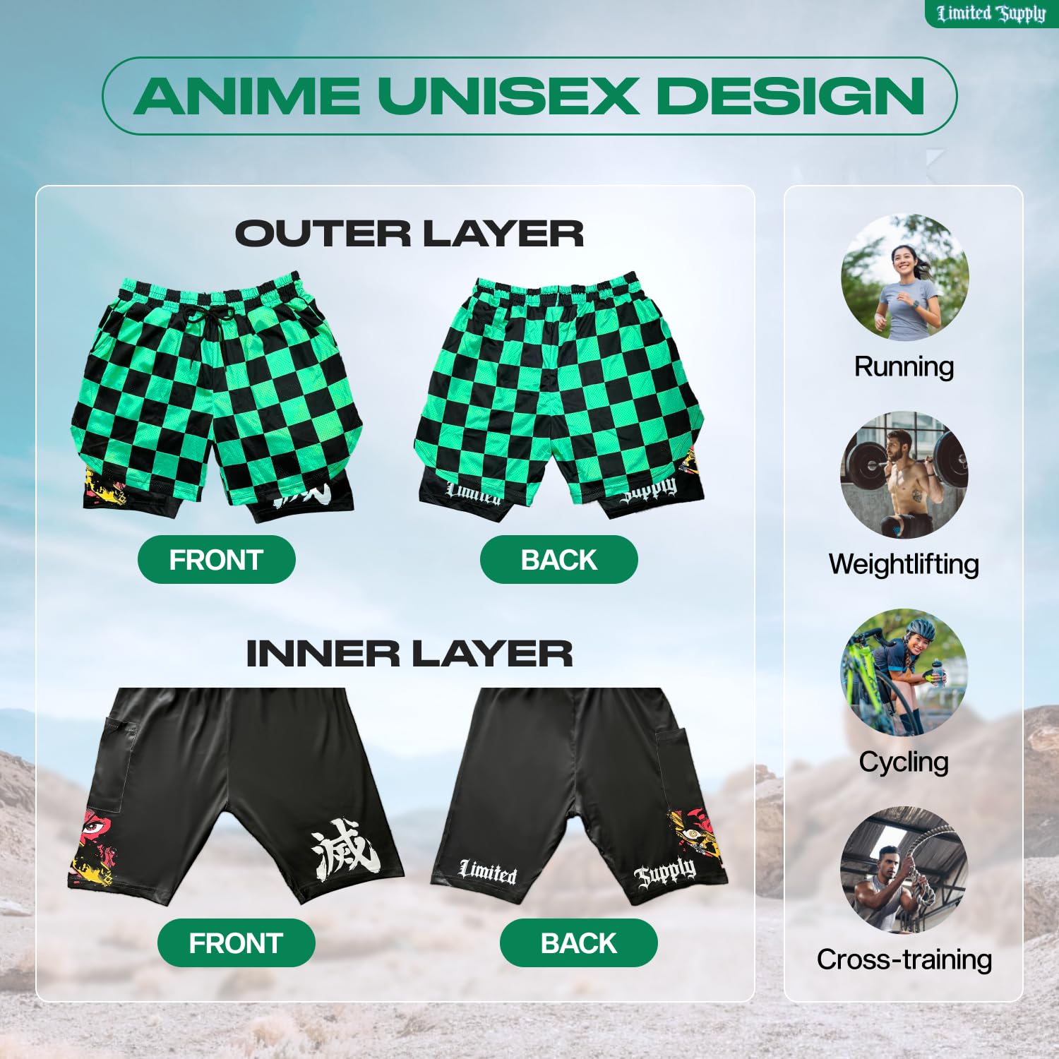 FOR KINGS. BY KINGS CROWN LMTD SUPPLY Anime Shorts - Breathable Mesh Stretch Compression Gym Short with Pockets and Towel Holder (L-GreenT)