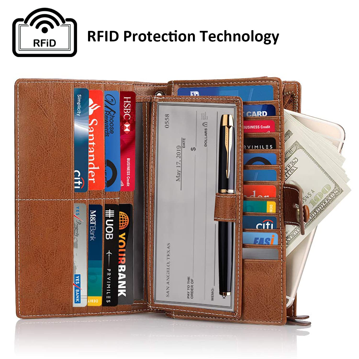 FT FUNTOR Women's Big Fat RFID Blocking Wallet Leather Zip Around Clutch Large Purse Phone Organizer Wristlet green