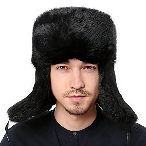 Fur Trapper Hat Winter Ushanka Russian Hat Men Fur Hats with 100% Rabbit Fur Aviator Hat with Earflaps Windproof（XL,Black）