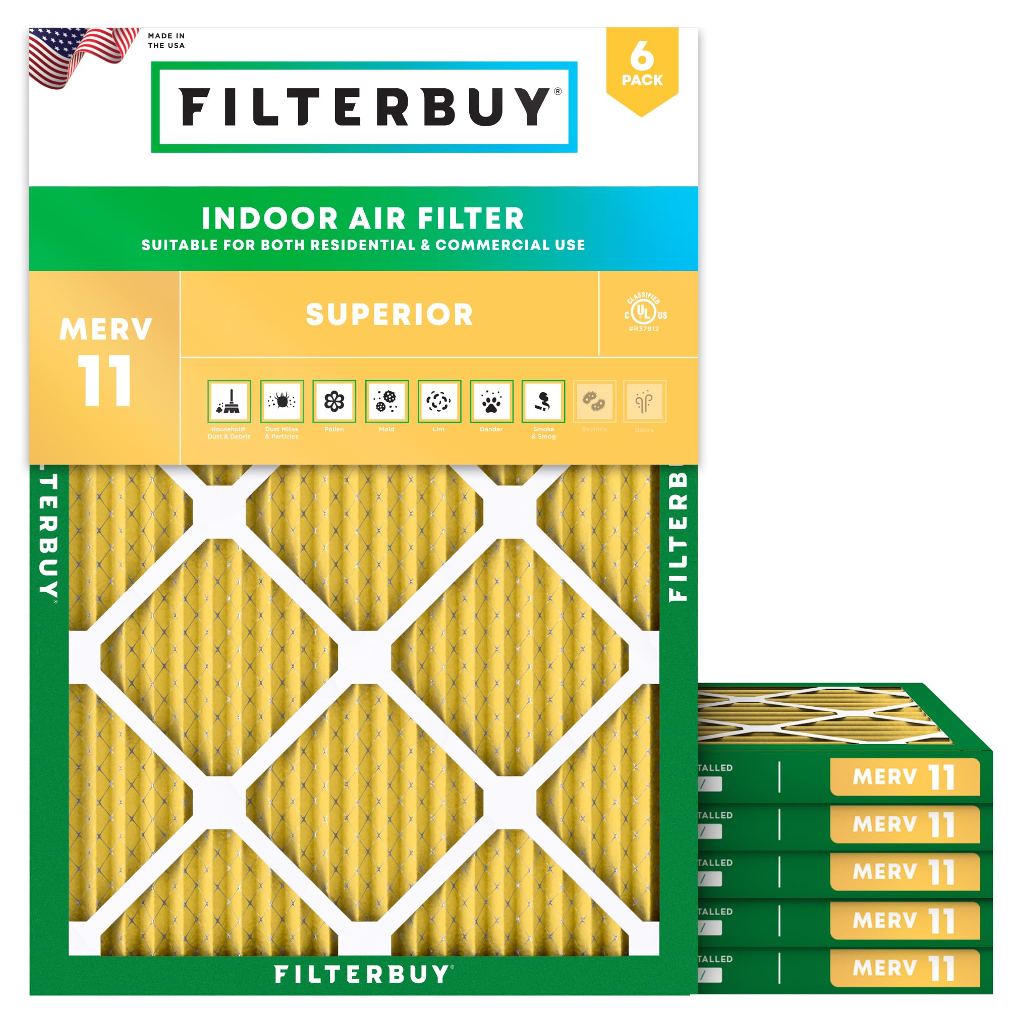 Filterbuy 20x25x1 Air Filter MERV 11 Allergen Defense (6-Pack), Pleated HVAC AC Furnace Air Filters Replacement (Actual Size: 19.50 x 24.50 x 0.75 Inches)