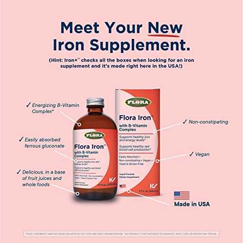 Flora Iron with B-Vitamin Complex - Helps Maintain Healthy Iron Levels - Non-Constipating, Highly Absorbable - Vitamin-B & Liquid Iron - Vegan Supplement - Yeast & Gluten Free, 7.7-oz. Glass Bottle