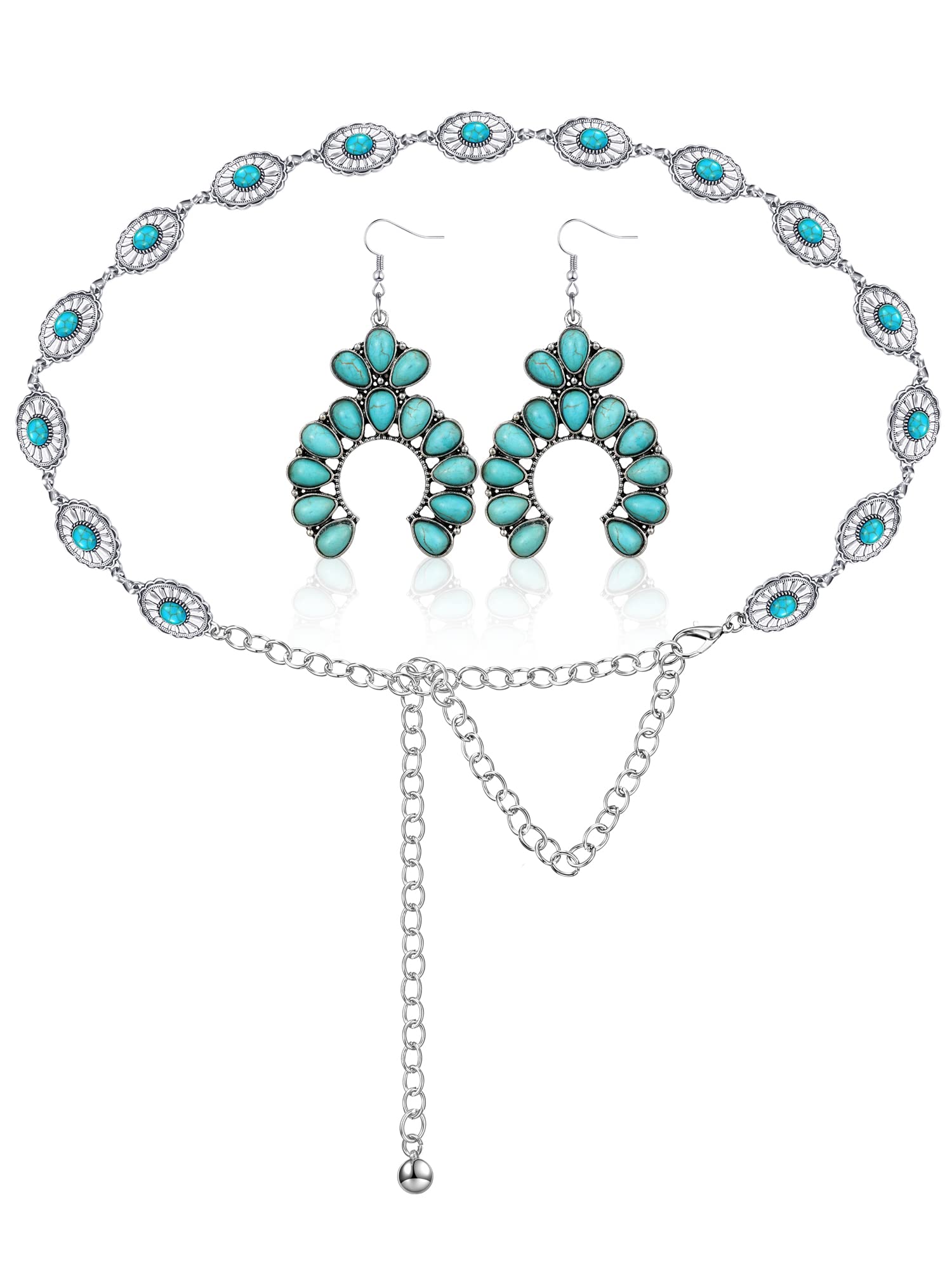 Glenmal Western Concho Chain Belt Turquoise Earrings Set Western Waist Belts Bohemian Turquoise Earrings for Women Men(Noble Style)