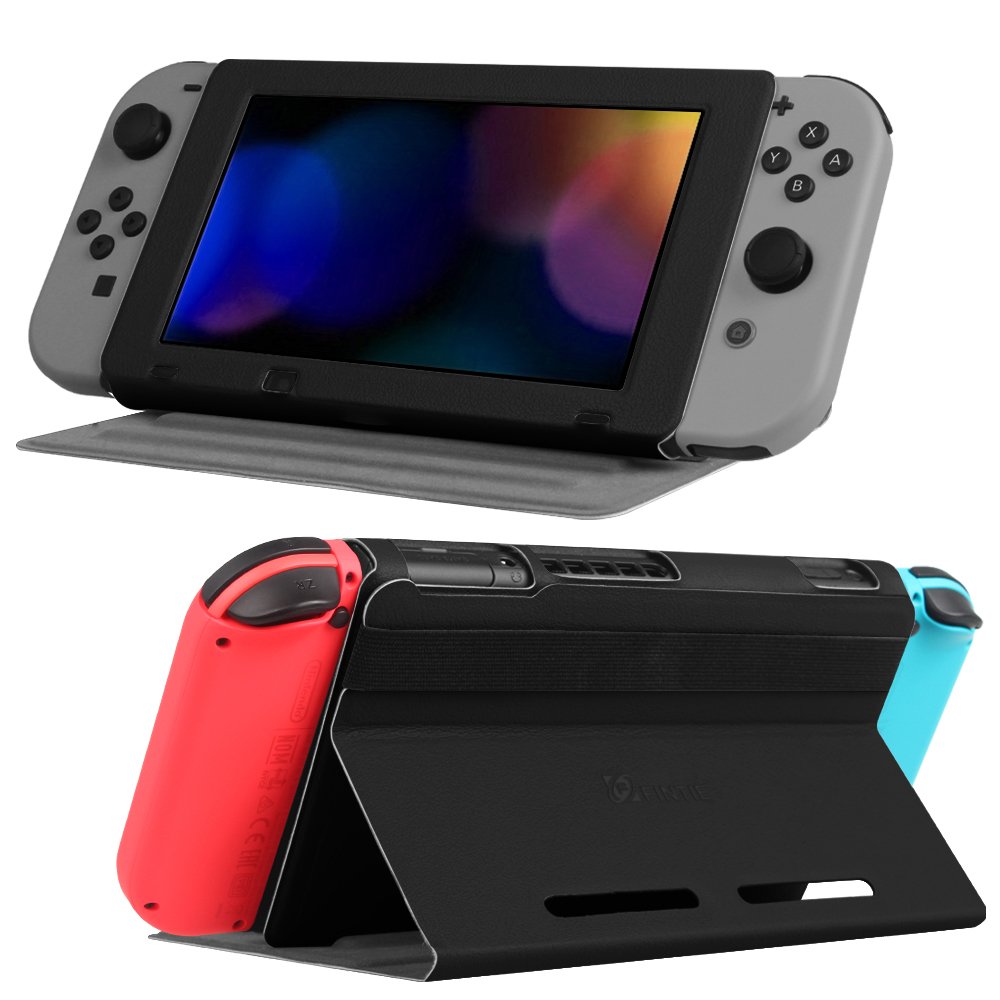 Fintie Protective Case for Nintendo Switch - [Multi-Angle Viewing] Ultra Slim Vegan Leather Play Stand Cover with Elastic Strap for Nintendo Switch 2017 - Black