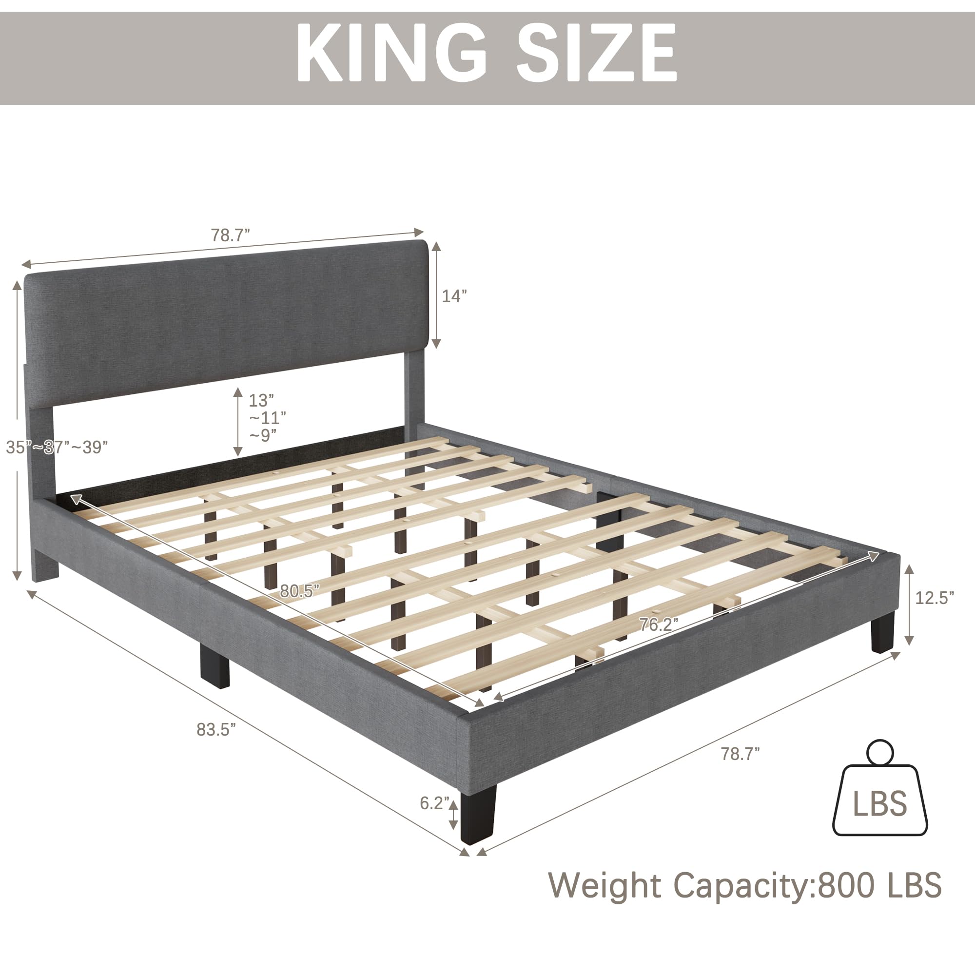 Fluest King Bed Frame with Adjustable Headboard Upholstered Bed Frame Platform Linen Fabric Headboard Wooden Slats Support/No Box Spring Needed/Easy Assembly/Mattress Foundation, Light Grey
