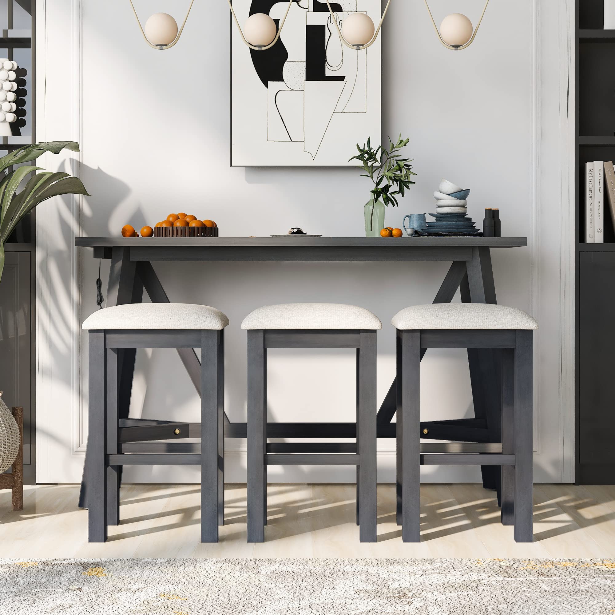 FIQHOME 4-Piece USB Port and 3 Upholstered Stools w/Footrest,Rustic Wooden Bar Chairs, Living Room, Restaurant, Small Space Dining Table Set,Gray