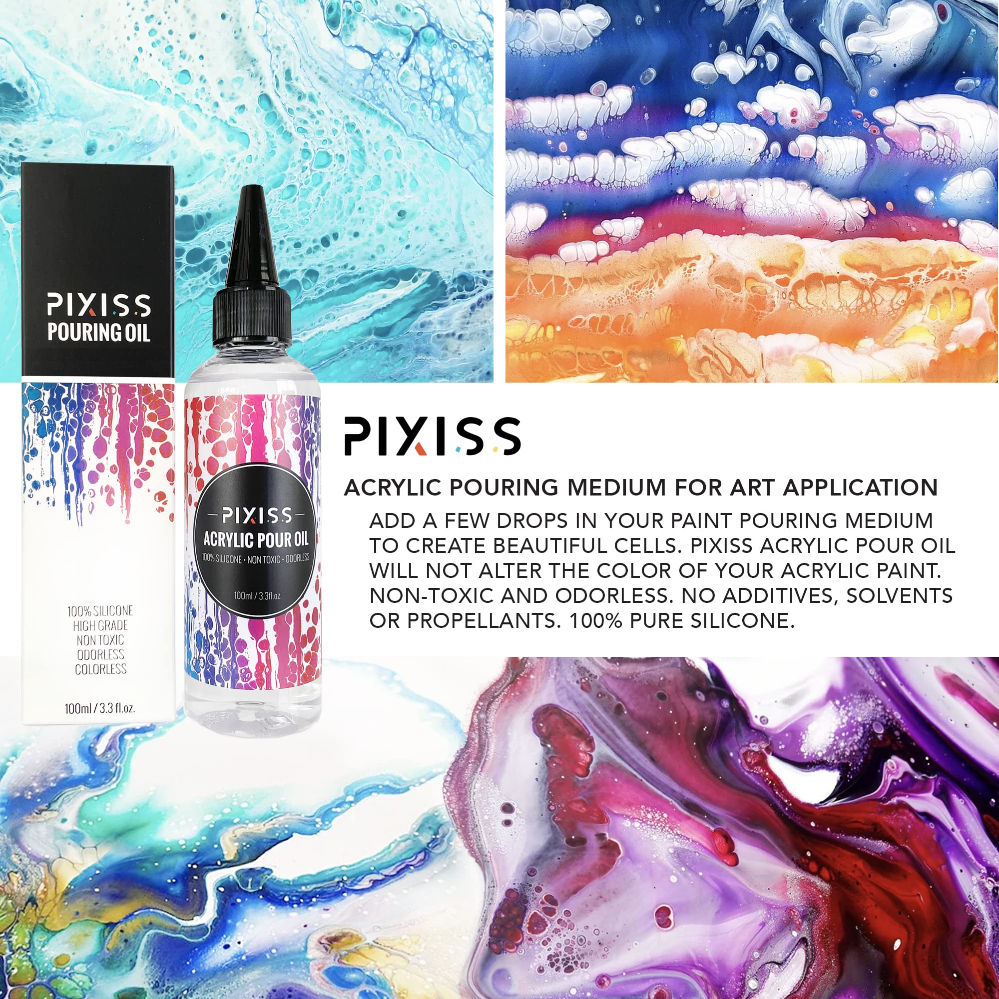 Floetrol Pouring Medium for Acrylic Paint - Flood Floetrol Additive and Pixiss Acrylic Pouring Oil - Perfect Flow 100% Pure High Grade Silicone (100ml/3.3-Ounce)