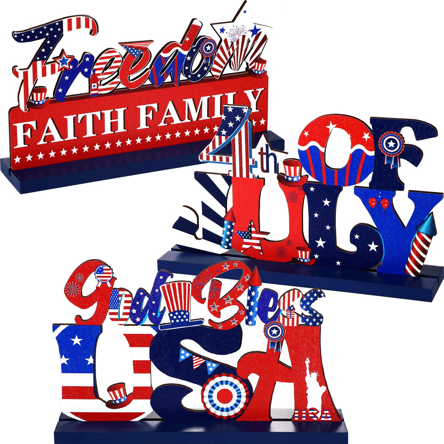 Frienda 3 Pcs 4th of July Table Decoration Patriotic Centerpiece Fourth of July Wooden Sign Independence Day Table Sign American Flag for Freedom Faith Table Decoration for Memorial Day Home Decor