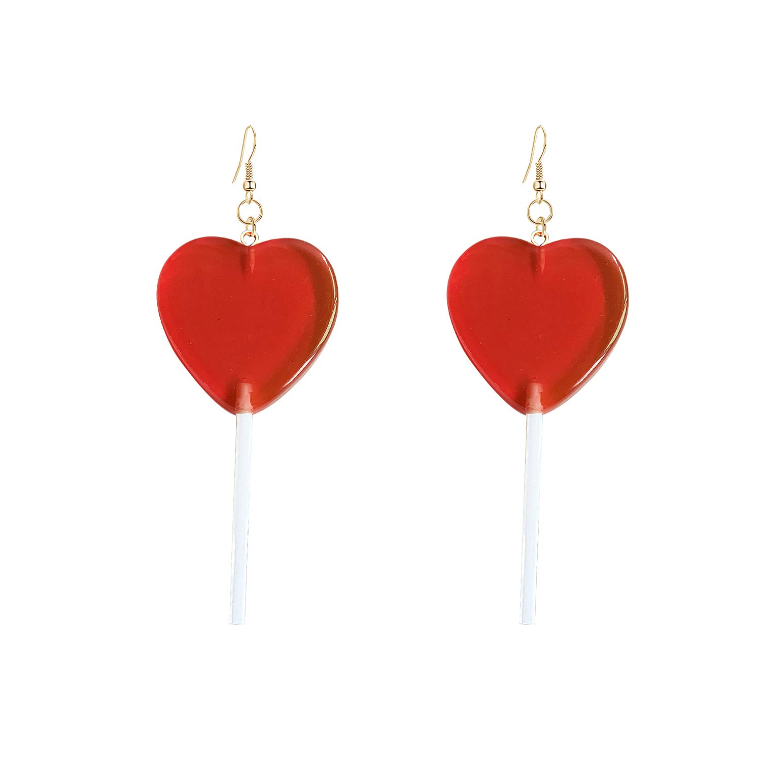 Food Sweet Cute Clear Transparent Heart Candy Resin Lollipop Earrings Resin Candy Earrings Costume Trendy Style Women Jewelry (Heart Candy Resin Lollipop Earrings-Red)