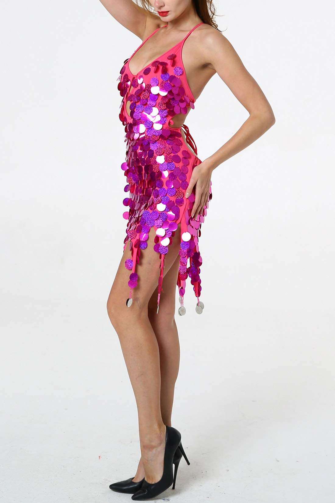 FEOYA Women's 1920s Sequins Dress Sexy Backless Dance Party Dresses Tie Closure Ballroom Practice Dancewear, Rose Red