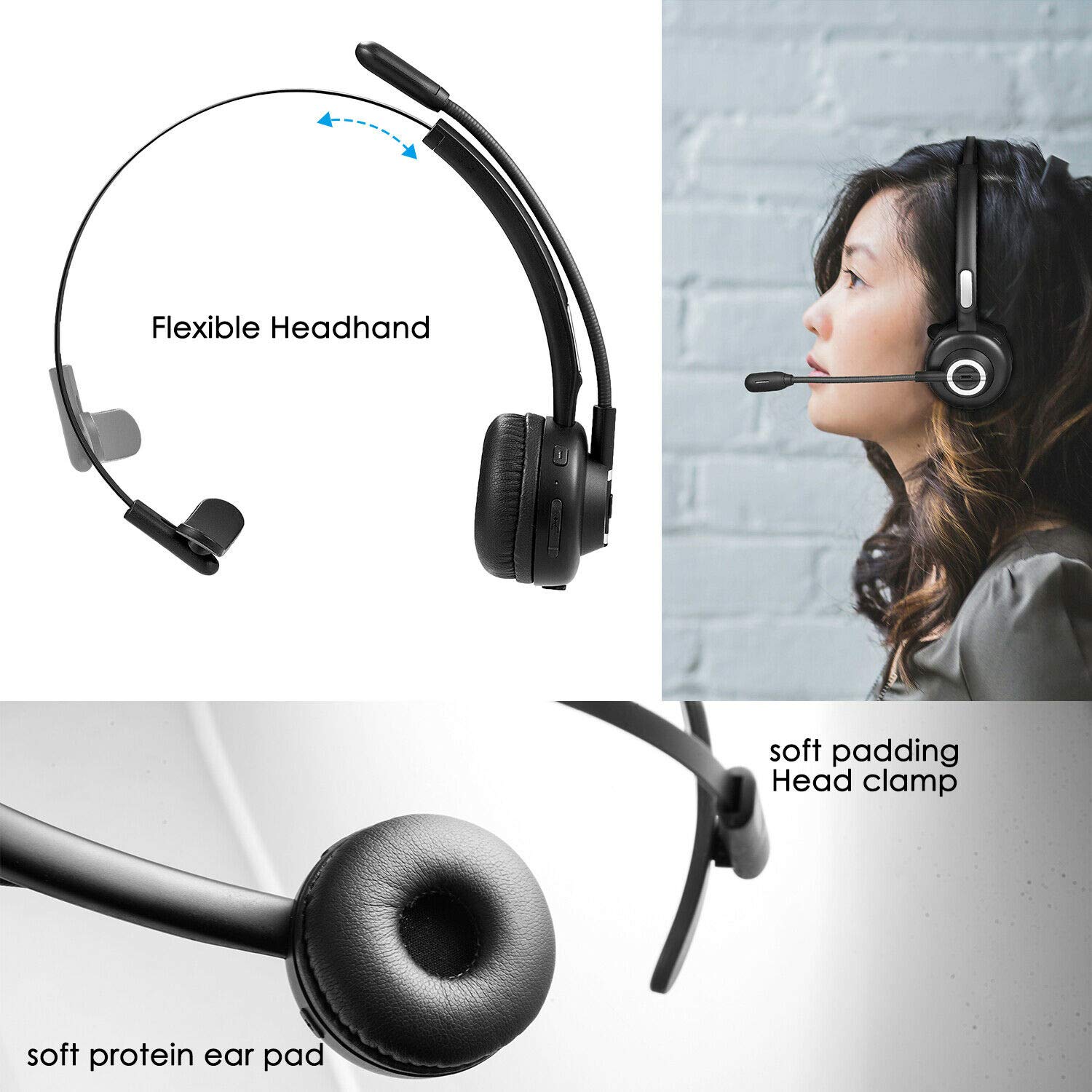 Friencity Trucker Bluetooth Headset for Cell Phones, Wireless Office Headset with Noise Cancelling Microphone, On Ear Headphones for PC Skype Call Center, Charging Base,17h Talk Time, Mute Button