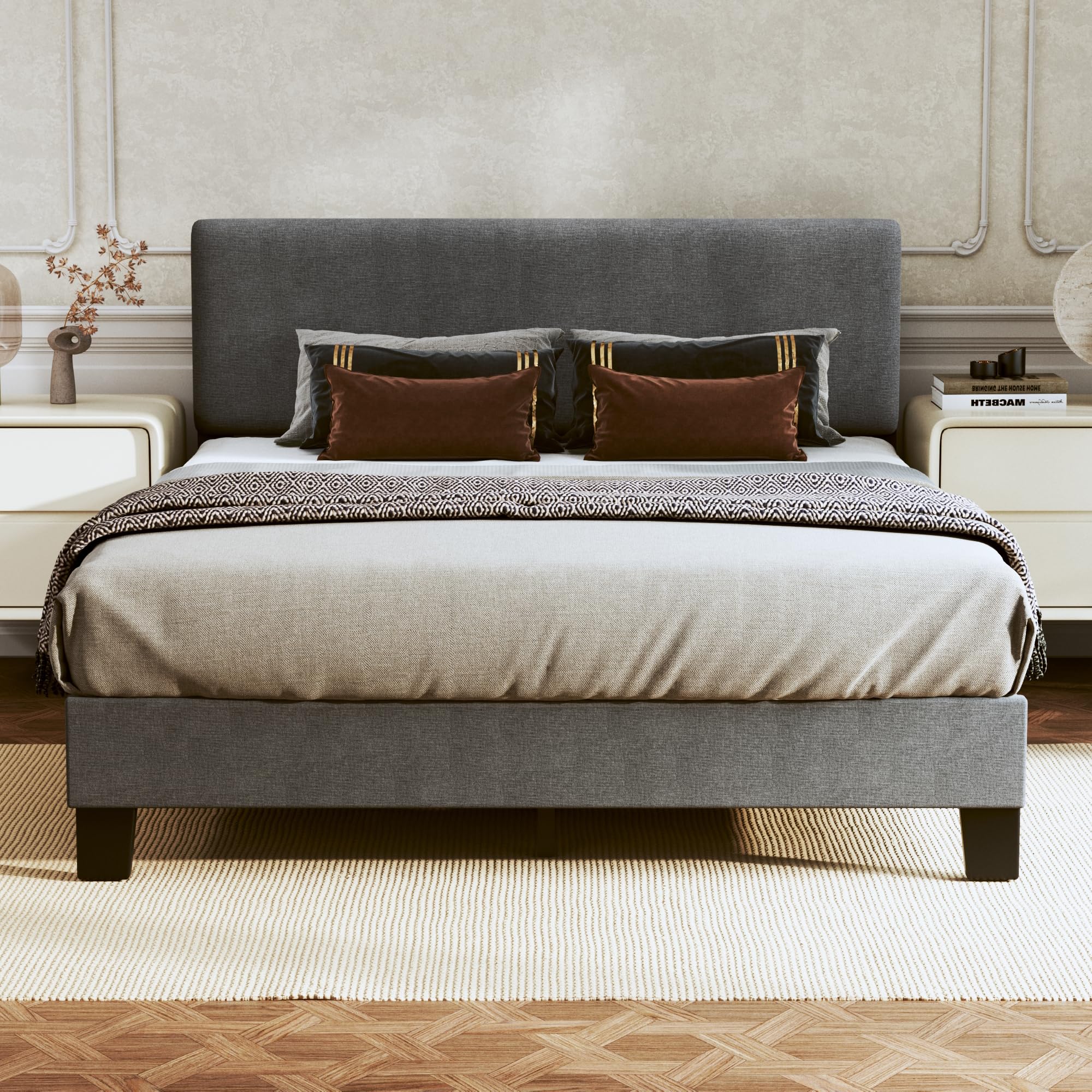 Fluest King Bed Frame with Adjustable Headboard Upholstered Bed Frame Platform Linen Fabric Headboard Wooden Slats Support/No Box Spring Needed/Easy Assembly/Mattress Foundation, Grey