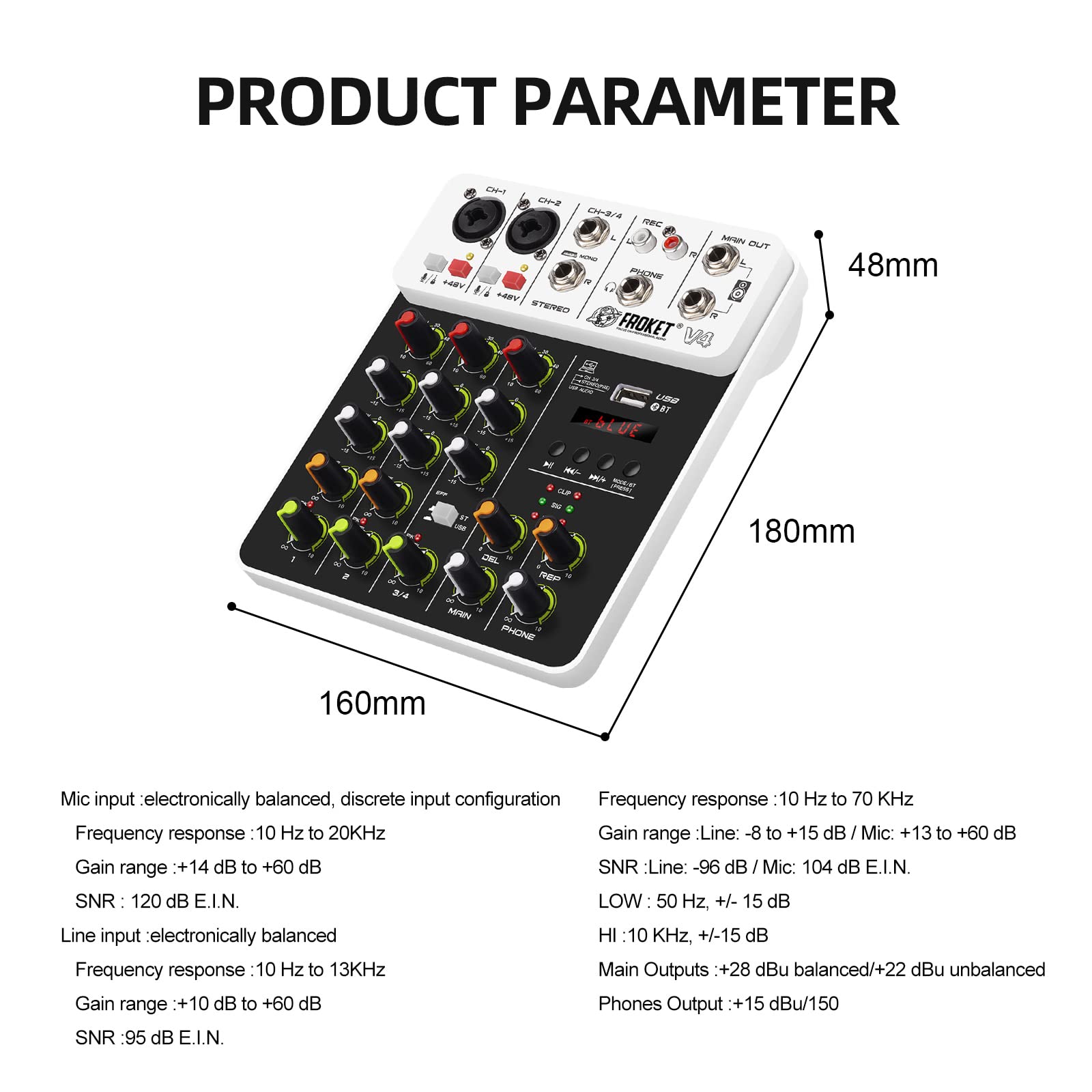Forket V4 High-Fidelity Audio Mixer and USB Audio Interface - Portable DJ Console and Audio Console for Recording, Streaming, and Live Performances