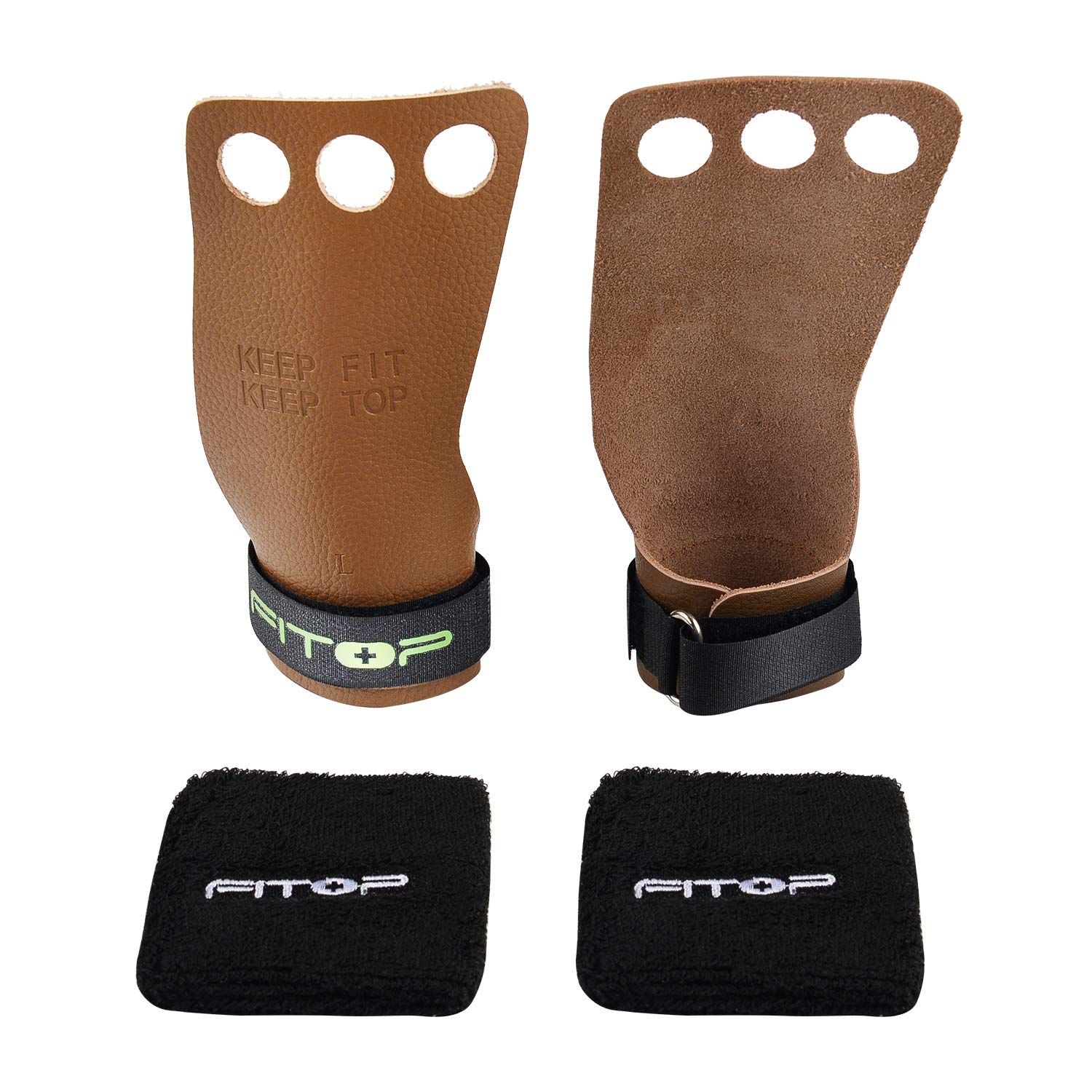 FITOP Gymnastics Grips 3 Hole Leather Bar Grip, Perfect for Pull Ups, WODs, Weight Lifting and Cross Training, Palm Protection and Wrist Straps Support