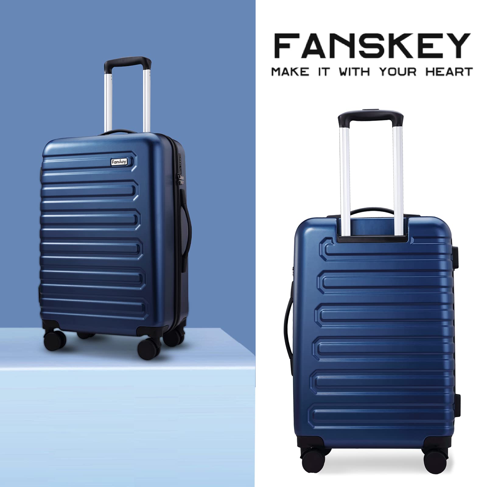 Fanskey Luggage, 3 Piece Set Suitcase with Spinner wheels, Hardshell, Lightweight, TSA Lock (Navy Blue)