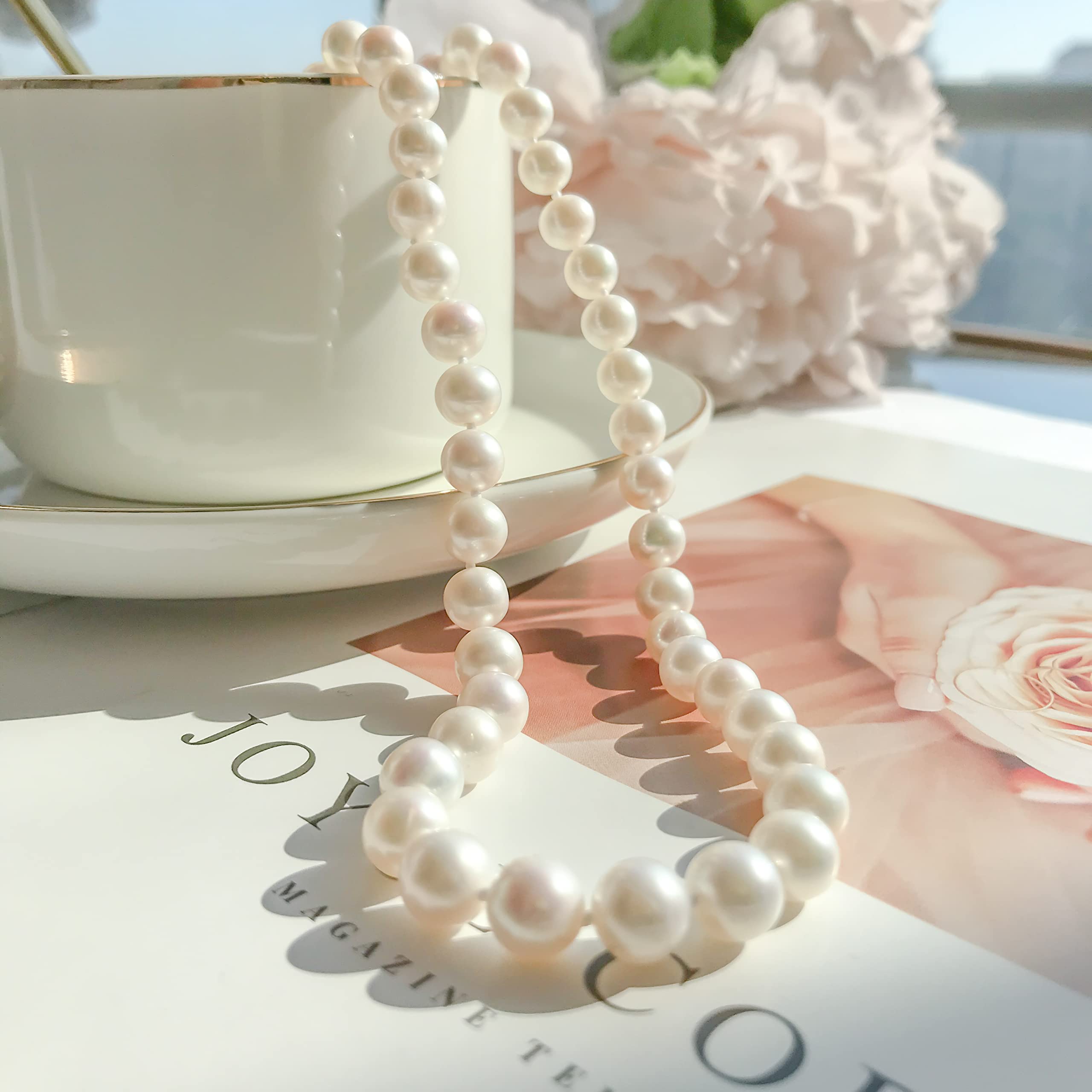 Freshwater Cultured Pearl Set Jewelry for Women Includes Pearl Bracelet, Stud Earrings and Drop Dangle Earrings High Luster AAA Quality Genuine Round White Pearl Strand Necklace Set Mother