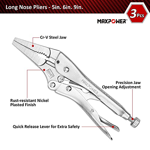 MAXPOWER 15-pieces Locking Pliers with C-clamps Set, Long Nose Pliers, Pinch Off Pliers, Sheet Metal Clamp, U Shaped Pliers with Tool Bag for Storage