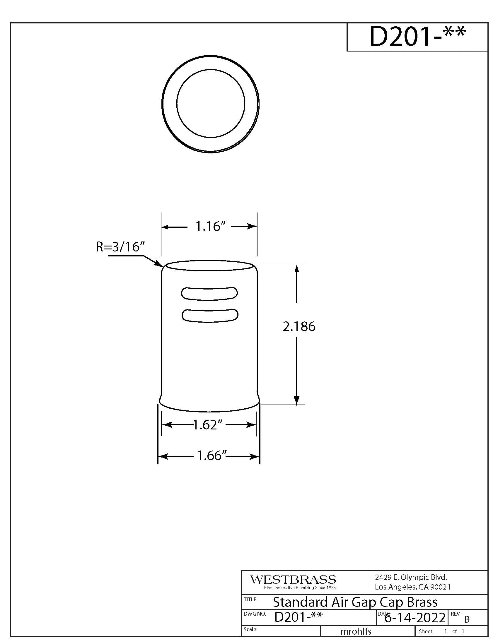 Westbrass R201-12 1-5/8" x 2-1/4" Solid Brass Air Gap Cap Only, Non-Skirted, Oil Rubbed Bronze