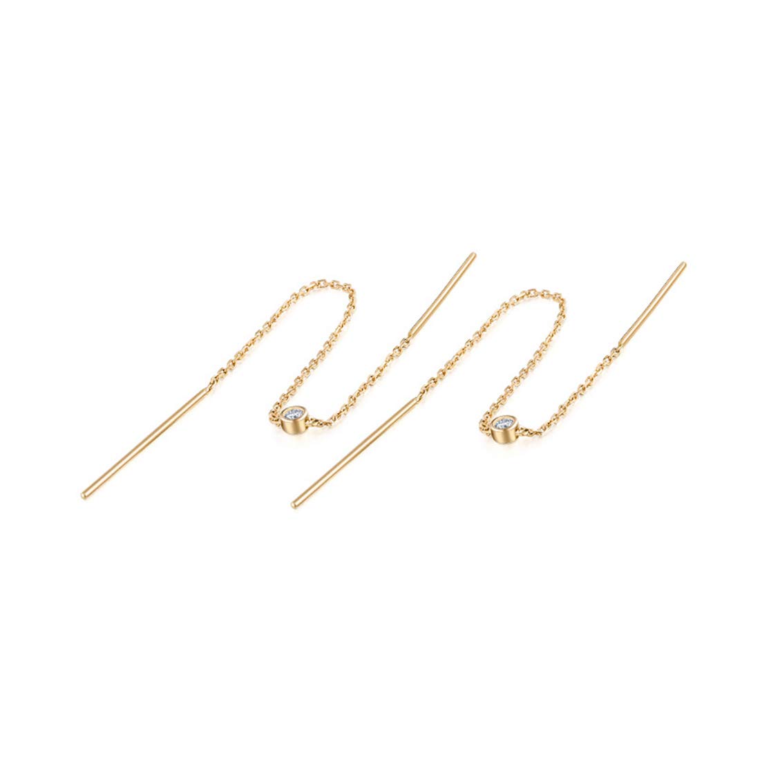 FANCIME 14K Real Solid Yellow Gold Threader Earrings with 0.03ct Diamonds Minimalism Long Chain Earrings Hypoallergenic Earrings Fine Jewelry for Women