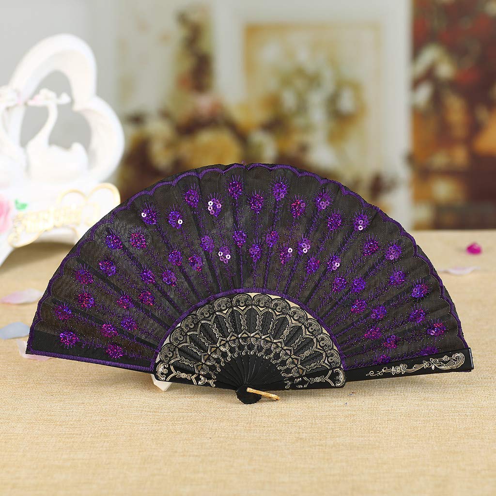 Folding Flower Hand Chinese Dance Wedding Silk Fan Style Lace Party Held Fans 6 Clip Fan Oscillating (Purple-`, One Size)