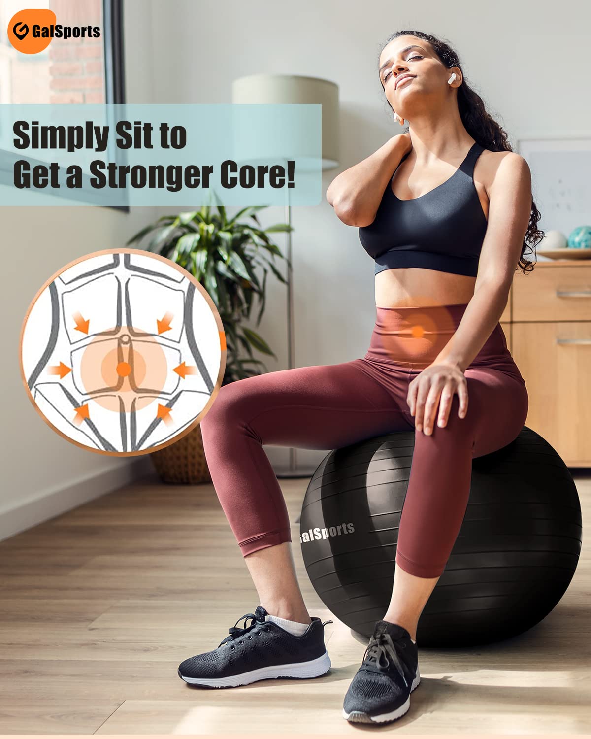 GalSports Exercise Ball (45cm-75cm), Yoga Ball Chair with Quick Pump, Stability Fitness Ball for Core Strength Training & Physical Therapy