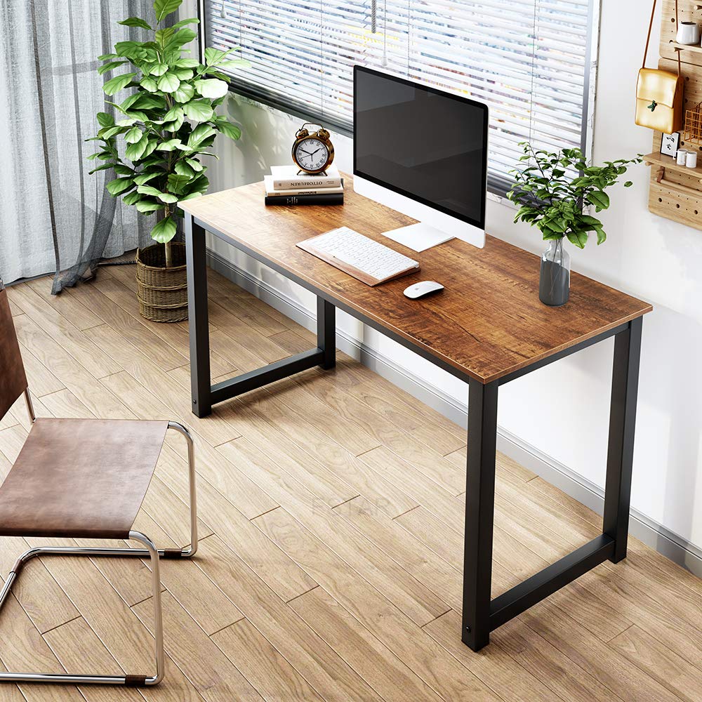 FSTAR 55" Writing Desk with Bar Sturdy Home Office Desk Modern Simple Design Computer Desk Writing Table for Home Office Large Space Workstation Metal Frame (55", Sandalwood)