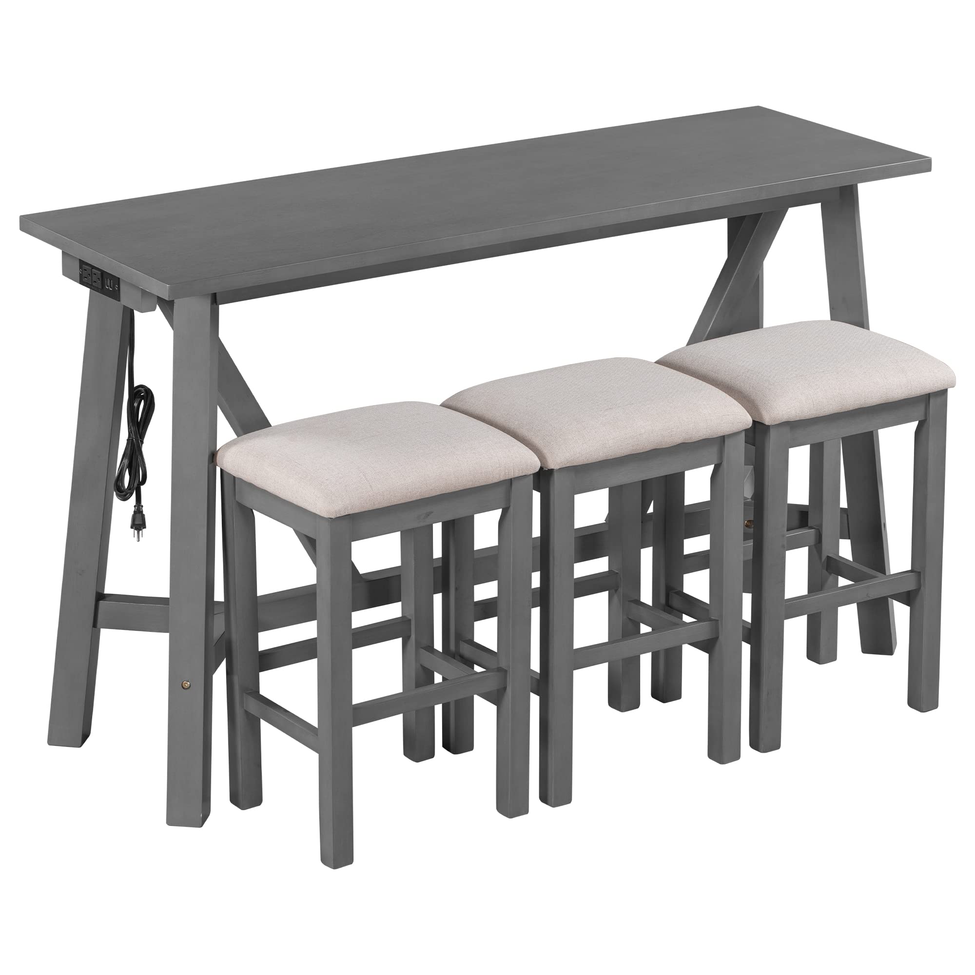 FIQHOME 4-Piece USB Port and 3 Upholstered Stools w/Footrest,Rustic Wooden Bar Chairs, Living Room, Restaurant, Small Space Dining Table Set,Gray