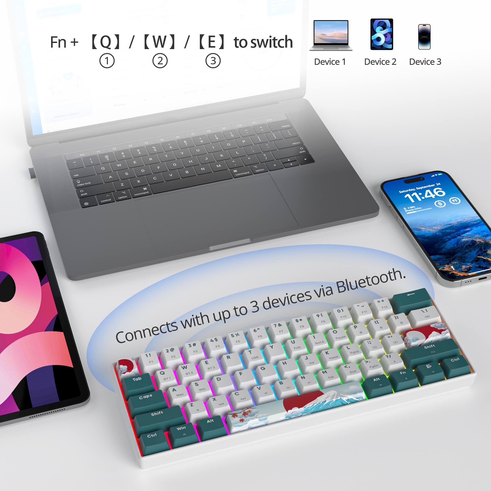 Fogruaden Wireless Mechanical Gaming Keyboard, 61-Keys Compact Keyboard with Backlit PBT Keycaps, NKRO for PC/Mac Gamer