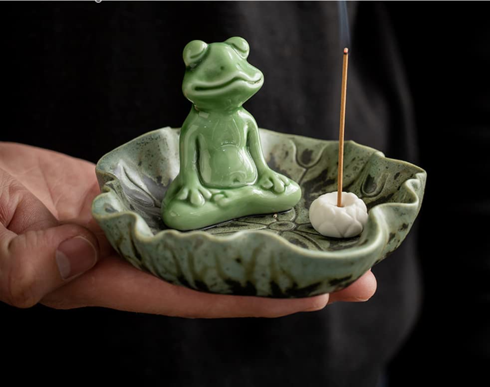 FKOG Cute Ceramic Frog Incense Holder for Sticks, Tree Frog Yoga Meditation Incense Sticks Holder, Lotus Leaf Incense Burner with Ash Catcher for Massages Aromatherapy (Green)