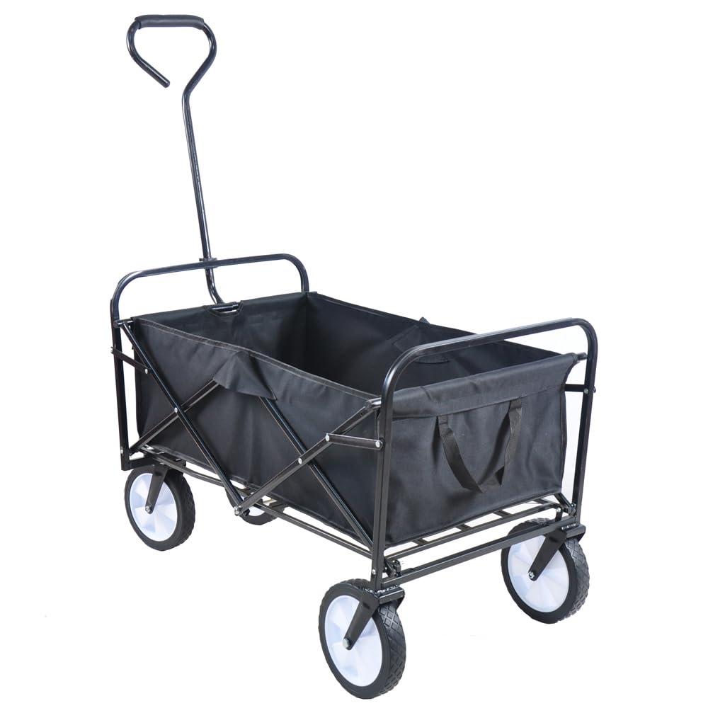 Folding Collapsible Wagon,Large Capacity Outdoor Wagons Carts Heavy Duty Foldable Utility with Big All-Terrain Wheels &2 Side Pocket for Camping,Sports, Garden Shopping Beach Cart(Black)