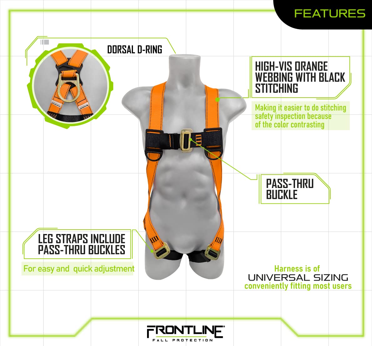 Frontline 100VMB Combat™ Economy Series Full Body Harnes (Universal) | OSHA and ANSI Compliant | Full Body Harness | Back d-ring | 3 points of adjustability | OSHA & ANSI Compliant