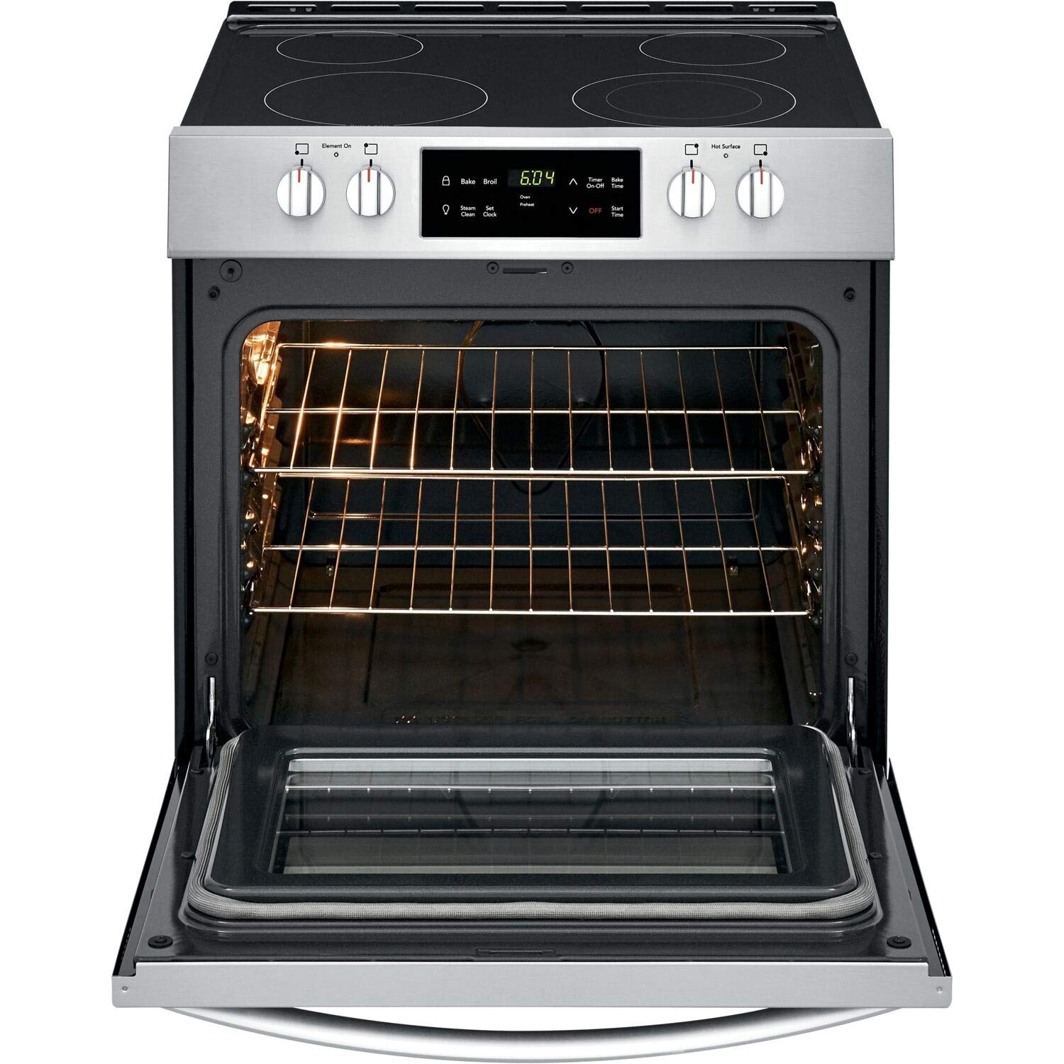 Frigidaire FFEH3051VS 30 Inch Freestanding Electric Range with 4 Elements, Smoothtop Cooktop, 5 cu. ft. Total Oven Capacity, Self-Cleaning Mode, Storage Drawer, ADA Compliant, in Stainless Steel
