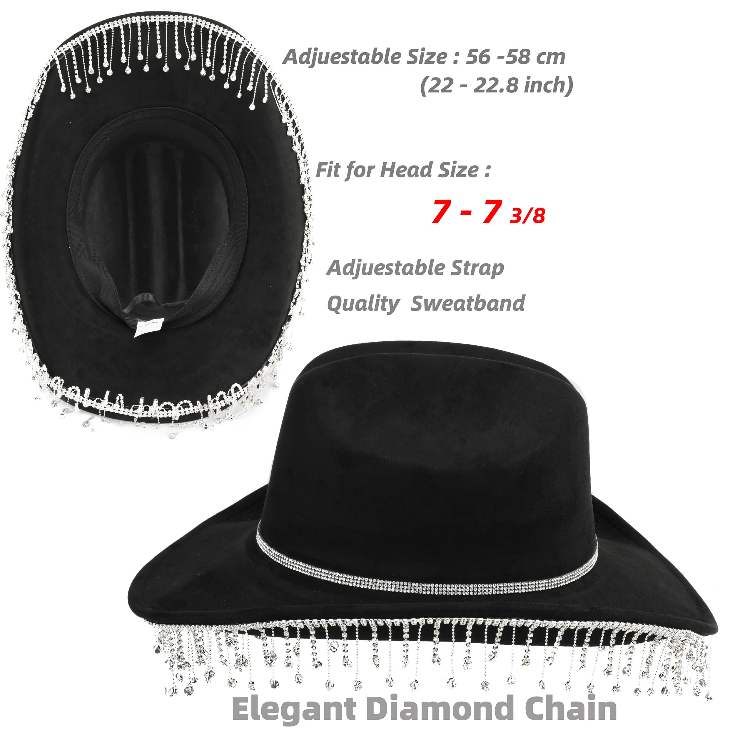 Melesh Women Cowgirl Hat Rhinestone Fringe Bling Western Cowboy Hat (Up-White)
