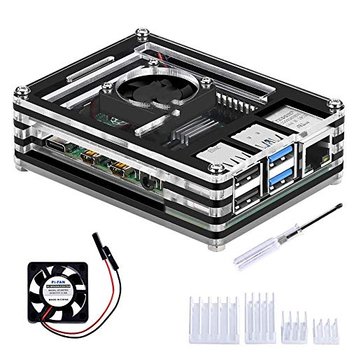 GeeekPi Acrylic Case for Raspberry Pi 4 Model B, Pi 4 Case with Cooling Fan and Heatsinks for Raspberry Pi 4 Model B(Only for Pi 4) (Black and Clear)