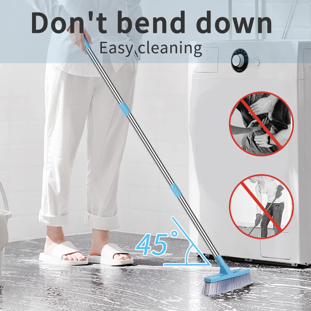 Floor Scrub Brush Push Broom with Adjustable Long Handle - 51 inches, Stiff Bristles, Indoor Outdoor Broom for Cleaning Bathroom Kitchen Patio Tile Wall Grout Wood Floor Carpet
