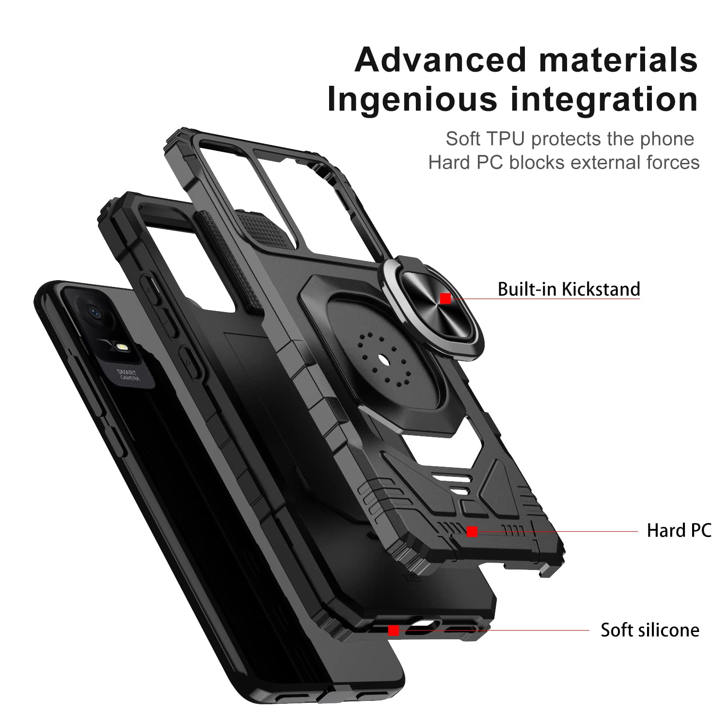 for TCL ION X/ION V Case, with Tempered Glass Screen Protector Heavy Duty Protection Technology Built-in Kickstand Rugged Shockproof Protective Phone Case for TCL ION X/ION V 6.0", (Black)