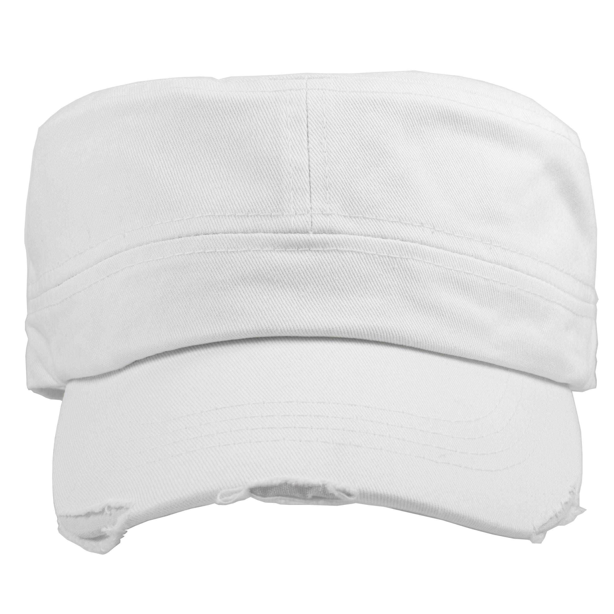 Gelante Cadet Caps 100% Breathable Cotton Plain Flat Top Twill Militray Style with Adjustable Strap. (Distressed White)