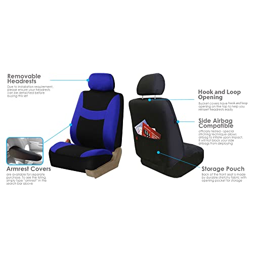 FH Group Light & Breezy Cloth Full Set Car Seat Covers (Blue/Black) Combo Set: Steering Wheel Cover, Seat Belt Pads and Black Vinyl Floor Mats β Universal Fit for Cars Trucks & SUVs