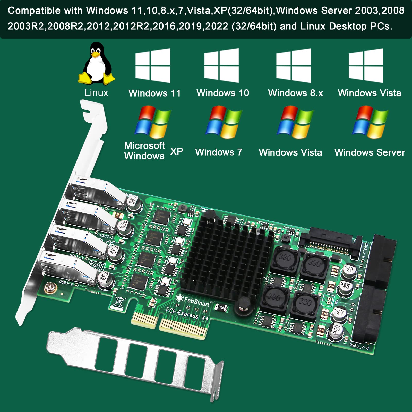 FebSmart 8-Ports PCIE Superspeed 5Gbps USB 3.0 Card for Windows and Linux Desktop PCs, 4X Dedicated 5Gbps USB 3.0 Channel 20Gbps Bandwidth, Built in FebSmart Self-Powered Technology (FS-4C-U8S-Pro)