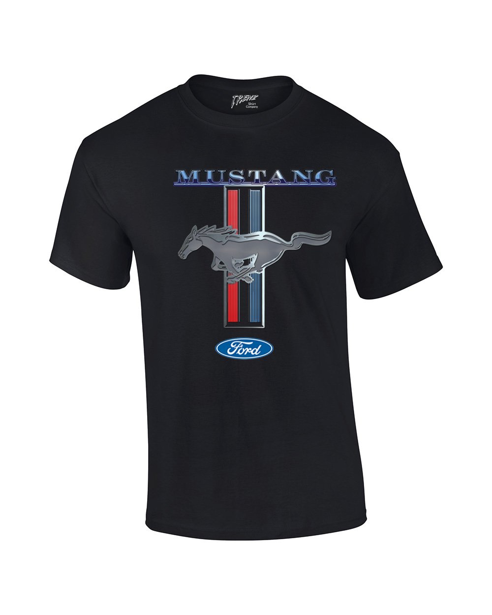 Ford Mustang T-Shirt Pony & Stripes Logo Classic Retro Design Racing Performance Car Enthusiast Garage Tee Authentic-Bl-L