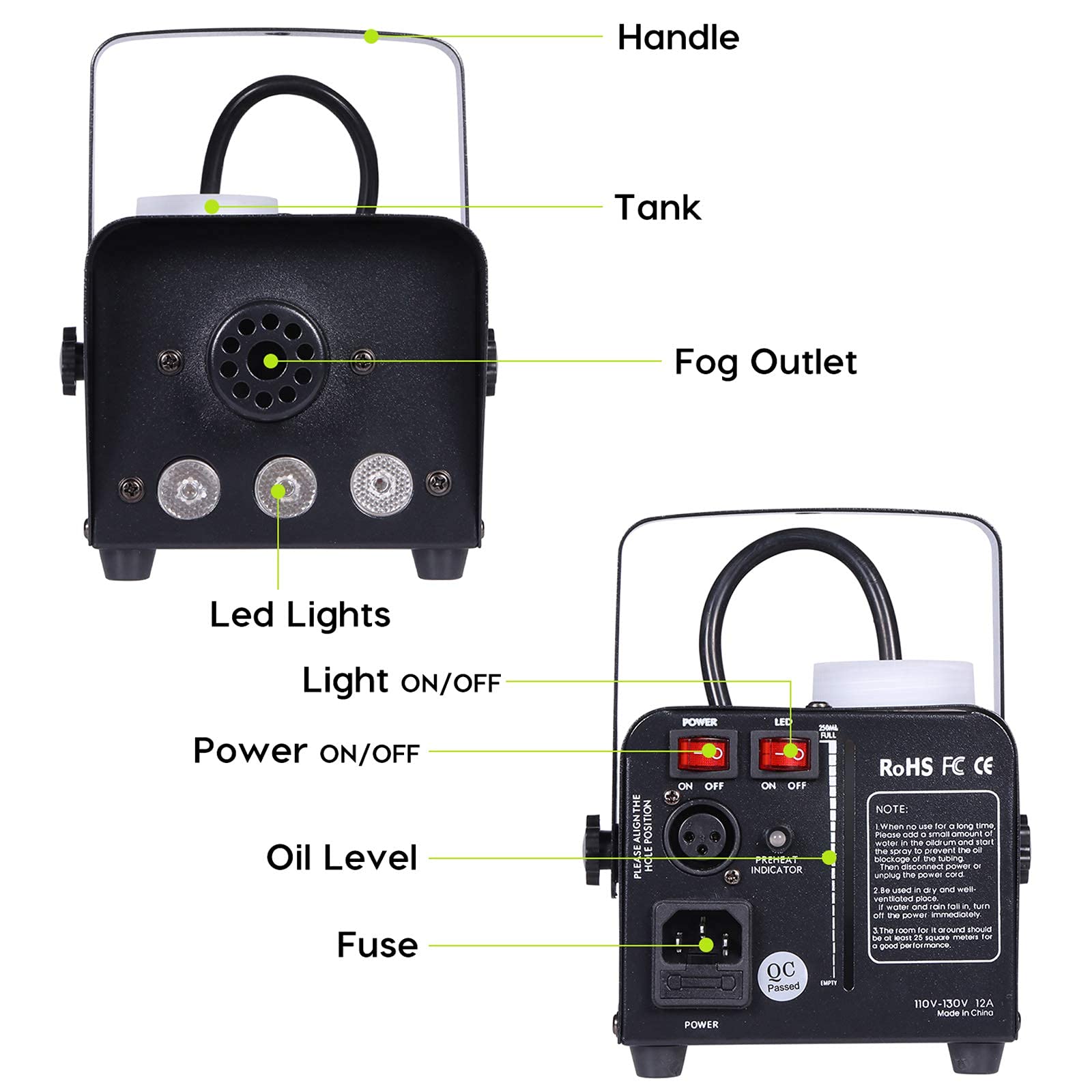 Fog Machine JDR Smoke Machine Controllable LED Light 500W and 2000CFM Fog Disinfection with Wireless and Wired Remote Control for Weddings, Halloween,Parties or Disinfection,with Fuse Protection