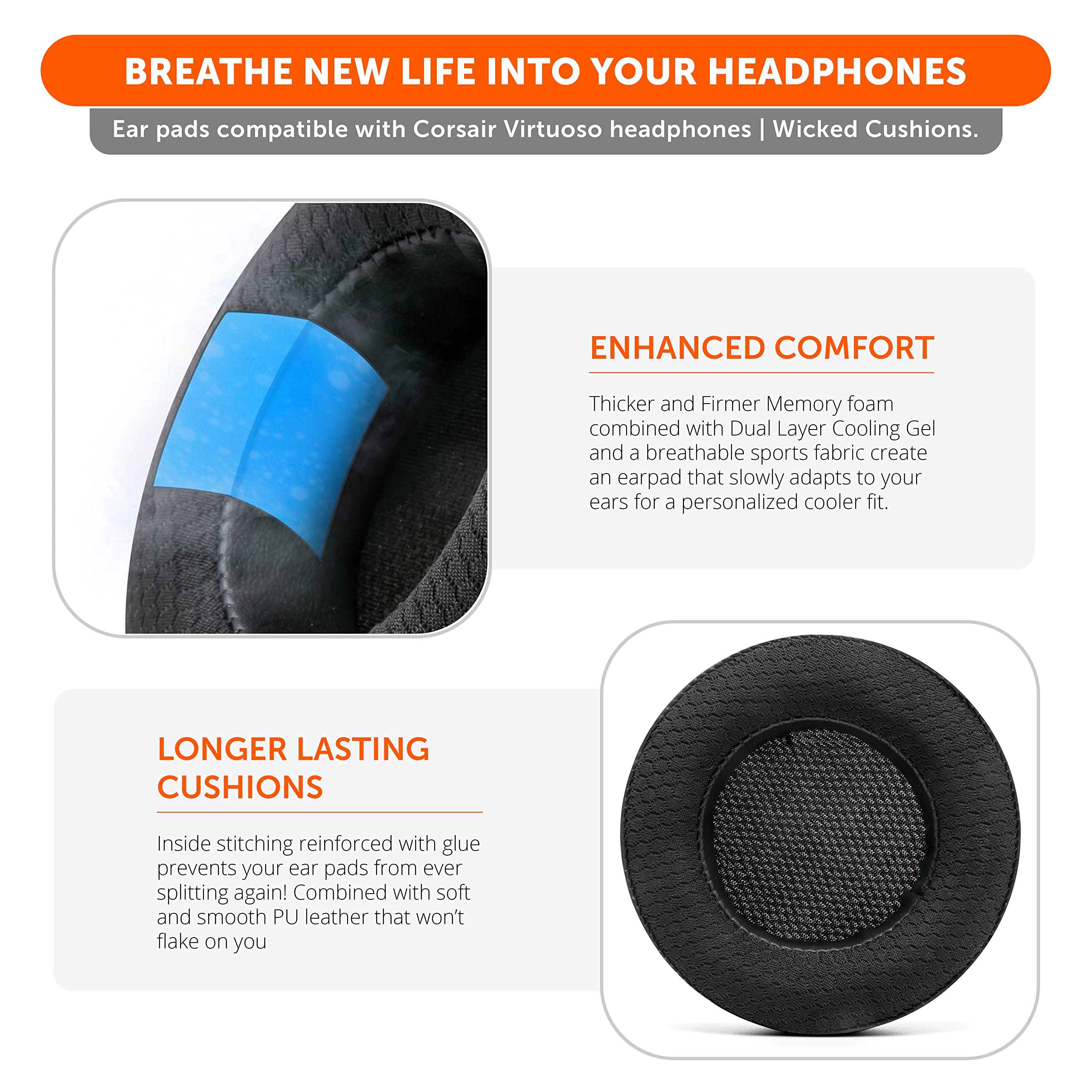 WC Freeze Virtuoso - Hybrid Fabric Cooling Gel Replacement Earpads for Corsair Virtuoso Gaming Headset, Made by Wicked Cushions, Improved Durability, Thickness and Sound Isolation | Black