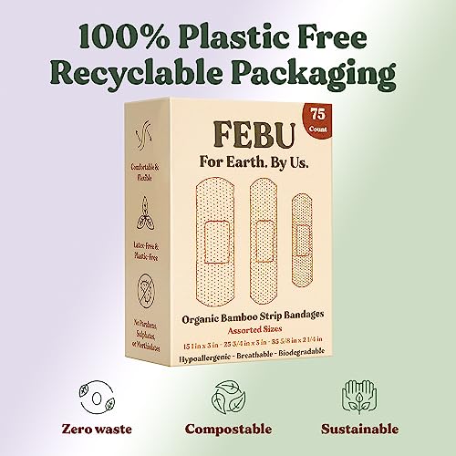 FEBU Eco-Friendly Organic Bamboo Fabric Bandages for Sensitive Skin | PFAS Free Flexible Latex Free Bandages | Natural Hypoallergenic Bandages for Scrapes, Cuts & First Aid | 75 Count Variety Pack